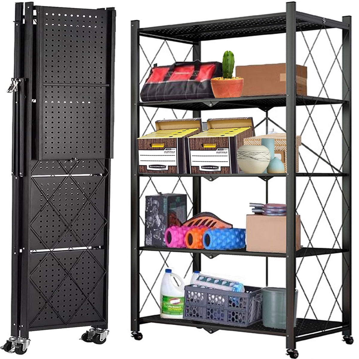 5-Tier Storage Shelving Unit, Foldable Storage Shelves Wire Shelving U ...